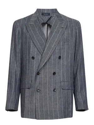 Tagliatore Tagliatore Men Blue Pinstriped Linen Blend New York Double-Breasted Blazer Multicolor