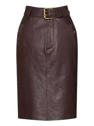 Saint Laurent Belted Pencil Skirt In Creased Leather - Red