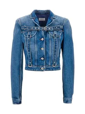 Off-White Cropped Denim Jacket With Silver Tone Embellishments - Multicolor