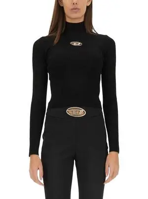 DIESEL® Ribbed Turtleneck Top With Logo Detail - Black