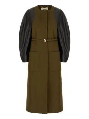 Fendi Belted Wool Coat With Leather Sleeves - Multicolor