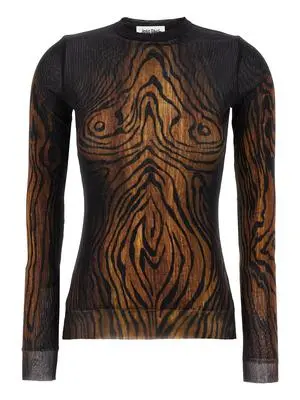 JEAN PAUL GAULTIER Jean Paul Gaultier "Wood" Print Stretch Tulle Long Sleeve Top