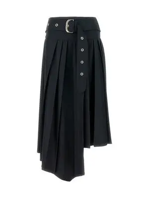 Off-White Pleated Asymmetrical Skirt With Buckled Belt - Multicolor