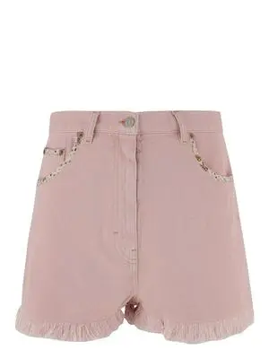 Valentino Garavani Denim Shorts With Frayed Edges And Floral Pockets - Multicolor