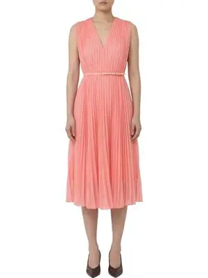 Max Mara Pleated V-neck Dress With Belt - Pink