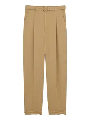 Saint Laurent High-waisted Tailored Wool Trousers With Belt - Cream