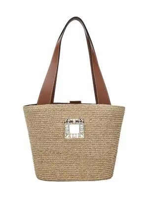 ROGER VIVIER Raffia Shopping Bag With Crystal Buckle - Cream