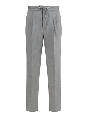 Brunello Cucinelli Herringbone Linen And Wool Pants - Gray