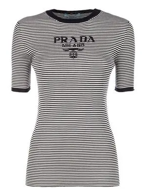 Prada Ribbed Striped T-shirt With Logo - Multicolor