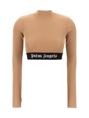 Palm Angels Cropped Ribbed Turtleneck With Logo Band - Multicolor