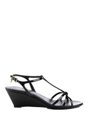 Prada Black Patent Leather Wedge Sandals With T-bar Strap Detailing - Multicolor