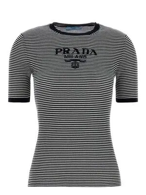 Prada Ribbed Striped Crew Neck Pullover - Blue