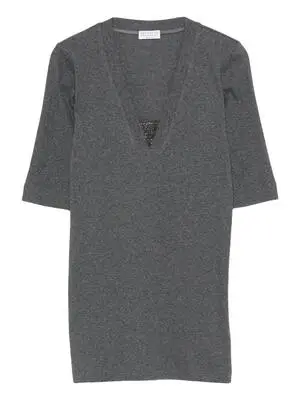 Brunello Cucinelli Grey V-neck Beaded Detail Short Sleeve Sweater - Multicolor