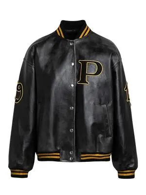 Prada Leather Bomber Jacket With Patches - Black