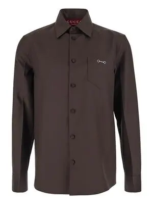 Gucci Brown Shirt With Classic Collar And Horsebit On The Front In Cotton Blend And Fabric - Multicolor