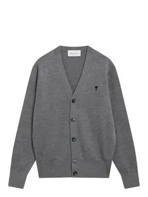 AMI Paris Merino Wool V-neck Cardigan With De Coeur Embroidery - Gray