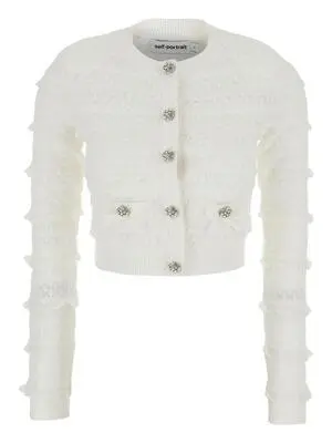 SELF-PORTRAIT White Pointelle Diamante Cardigan - Multicolor