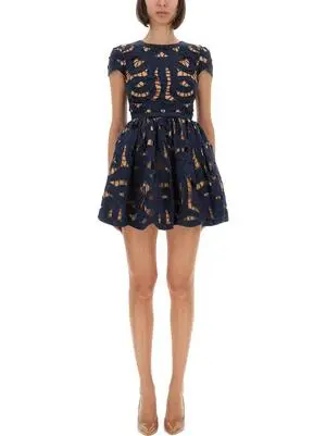 SELF-PORTRAIT Embroidered Mini Dress With Bow Detail - Blue