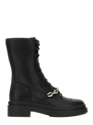 JIMMY CHOO JIMMY CHOO Black Leather Combat Boots With Chain Detail