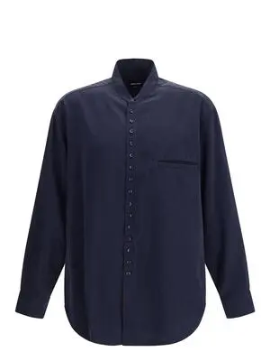 Giorgio Armani Washed Silk Shirt With Band Collar - Blue