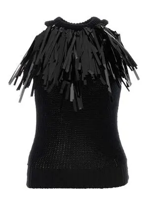 JIL SANDER Stretch Cotton Top With Fringe Detail - Black