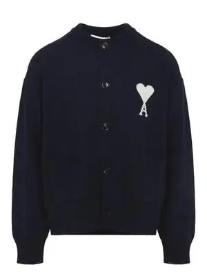 Ami Wool And Cotton Cardigan With Logo Inlay - Blue