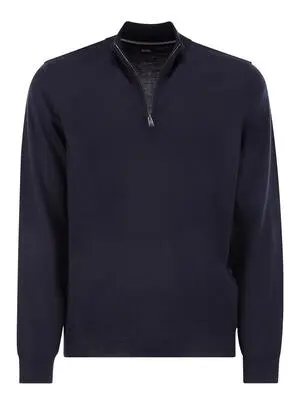 BOSS Virgin Wool Zip Collar Jumper - Blue