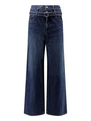 Sacai Wide Leg Denim Jeans With Buckled Belt - Blue