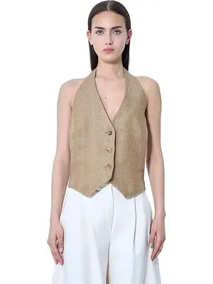 Max Mara Sauro Halterneck Waistcoat In Linen - Brown