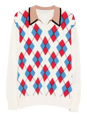 Dries Van Noten Argyle Pattern V-neck Sweater - White