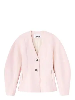 GANNI V-neck Wool Blend Blazer - Pink