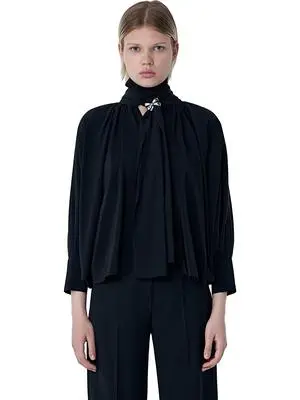 Max Mara Silk Blouse With V-neck And Self-tie - Black