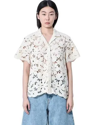 Moncler Short Sleeve Lace Button-down Shirt - White