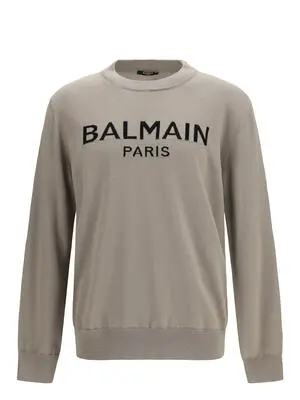 Balmain Crewneck Wool Sweater With Intarsia Logo - Green