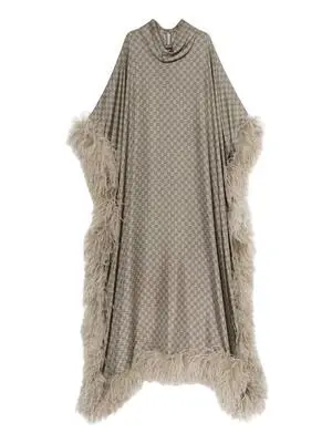 Gucci Long Printed Silk Twill Dress With Feather Trim - Brown