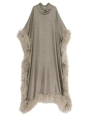 Gucci Long Printed Silk Twill Dress With Feather Trim - Brown