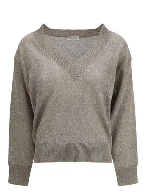 Brunello Cucinelli V-neck Sparkling Linen T-shirt - Brown