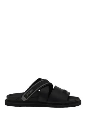 Moschino Flat Leather Sandals With Embossed Logo - Black