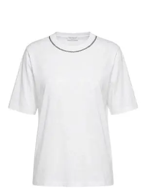 Brunello Cucinelli White Cotton T-shirt With Embellished Neckline - Multicolor