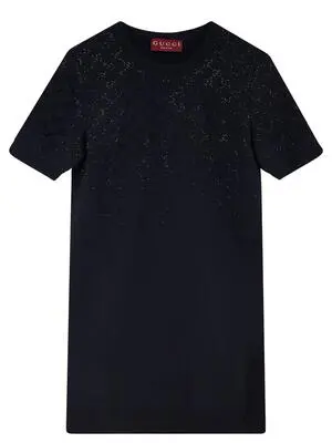 Gucci Short Sleeve Wool Dress With Gg Crystals - Multicolor