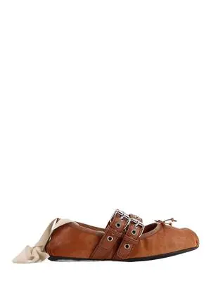 Miu Miu Leather Ballerinas With Buckled Straps And Ribbon Fastening - Multicolor