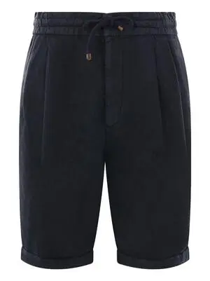 Brunello Cucinelli Garment Dyed Linen Gabardine Bermuda Shorts With Drawstring - Blue