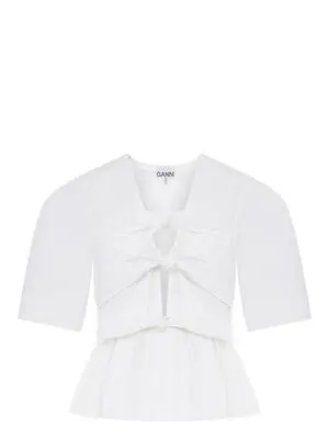 GANNI White Washed Stretch Cotton Tie Strap Blouse - Multicolor