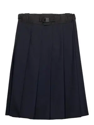 Prada Pleated Wool Skirt With Logo Buckle Belt - Multicolor