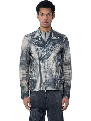 DIESEL® Distressed Leather Biker Jacket - Gray