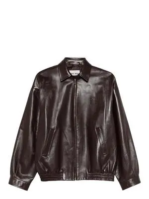 Miu Miu Leather Zip-up Jacket With Logo Detail - Brown