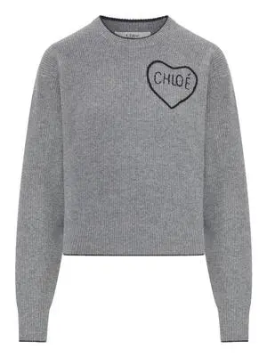 Chloé Cropped Wool Knit Sweater With Logo Detail - Gray