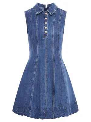 SELF-PORTRAIT Denim Broderie Mini Dress - Blue
