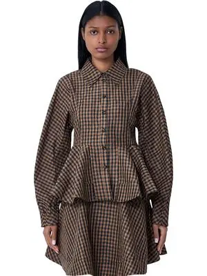 GANNI Crinkle Peplum Shirt With Checks - Brown