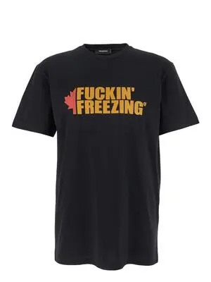 Dsquared2 Crewneck T-shirt With Print On The Front And Logo Lettering On The Rear In Cotton - Black